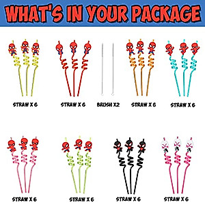 NITELUO 24Pcs Spiderman Birthday Party Supplies Reusable Drinking Straws,8 Designs Spider Party Favors with 2 Cleaning Brush