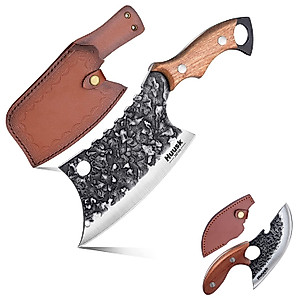 Huusk Collectible Knives Bundle BBQ Knife & Carved Meat Cleaver Knife Hand Forged Butcher Knife with Leather Sheath and Gift Box
