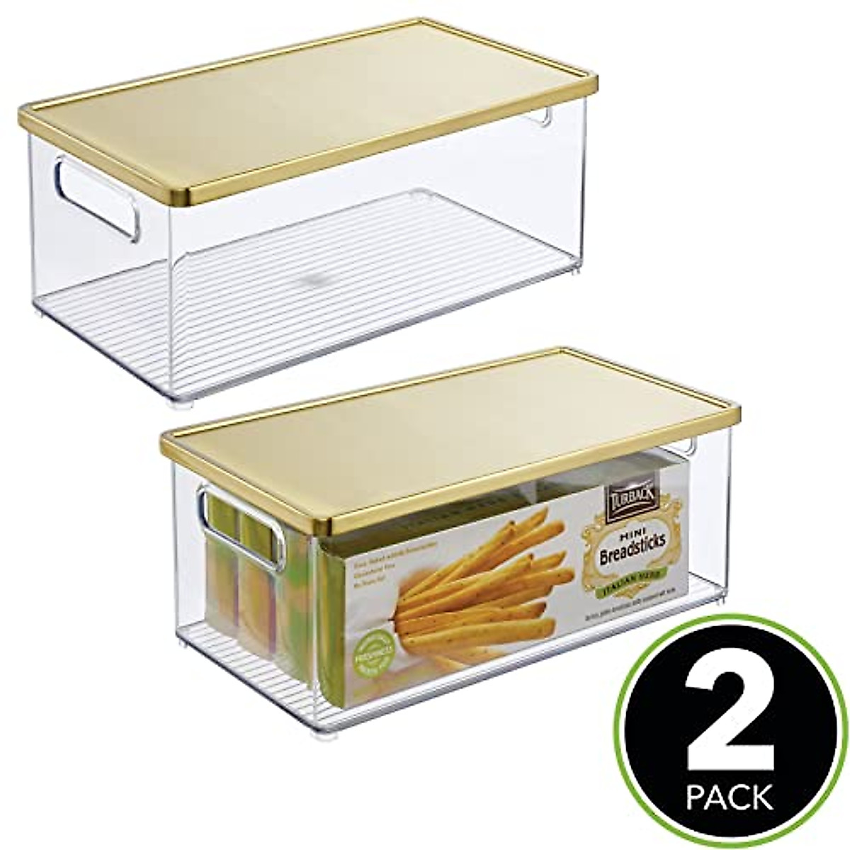 mDesign Plastic Kitchen Storage Bin - Stackable Fridge, Pantry Cabinet, Freezer Organizer - Food Storage Bin Box w/Handles, Steel Lid - 15" Long - Ligne Collection - 2 Pack - Clear/Soft Brass