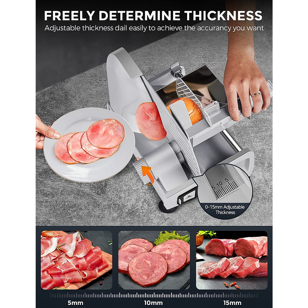 MIDONE Meat Slicer 200W Electric Deli Food Slicer with Two Removable 7.5’’ Stainless Steel Blade, Adjustable Thickness for Home Use, Child Lock Protection, Silver