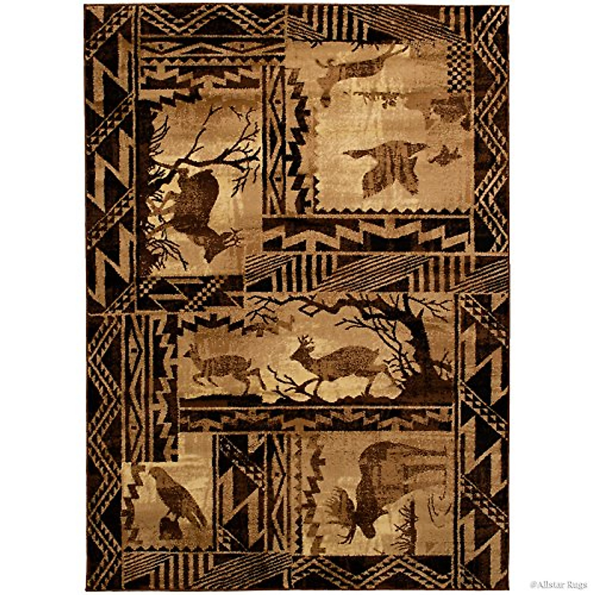 Allstar 4x5 Ivory and Mocha Cabin Rectangular Accent Rug with Espresso Wildlife Framed Forest Animal Collage Design (3' 9" x 5' 1")