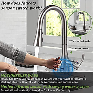 Motion Sensor Automatic Kitchen Faucet Touchless, monbar Pull Down Single Handle One/3 Hole 3 Setting Sprayer Brushed Nickel Solid Brass Kitchen Faucets Spot Free Lead-Free
