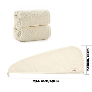 M-bestl 2 Pack Microfiber Hair Towel Wrap,Hair Drying Towel with Button, Absorbent and Soft,Anti-frizz Head Towel to Dry Hair Quickly(Beige&Beige)