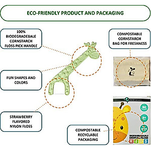 EcoFrenzy Kids Floss Picks 200 COUNT (4 packs of 50 Flossers) - BIODEGRADABLE Cornstarch - Strawberry Flavored