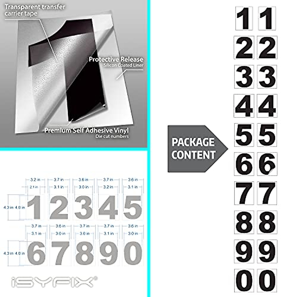 iSYFIX Black Vinyl Numbers Stickers - 4 Inch Self Adhesive (2 Sets) - Premium Decal Die Cut and Pre-Spaced for Mailbox, Signs, Window, Door, Cars, Trucks, Home, Business, Address Number, Indoor or Outdoor