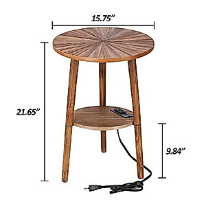 Round Side Table with Charging Station, Mid Century Modern Nightstand, End Table with USB Ports & Power Outlets, Farmhouse Bedside Table, Small Night Stand End Side Tables for Living Room Bedroom