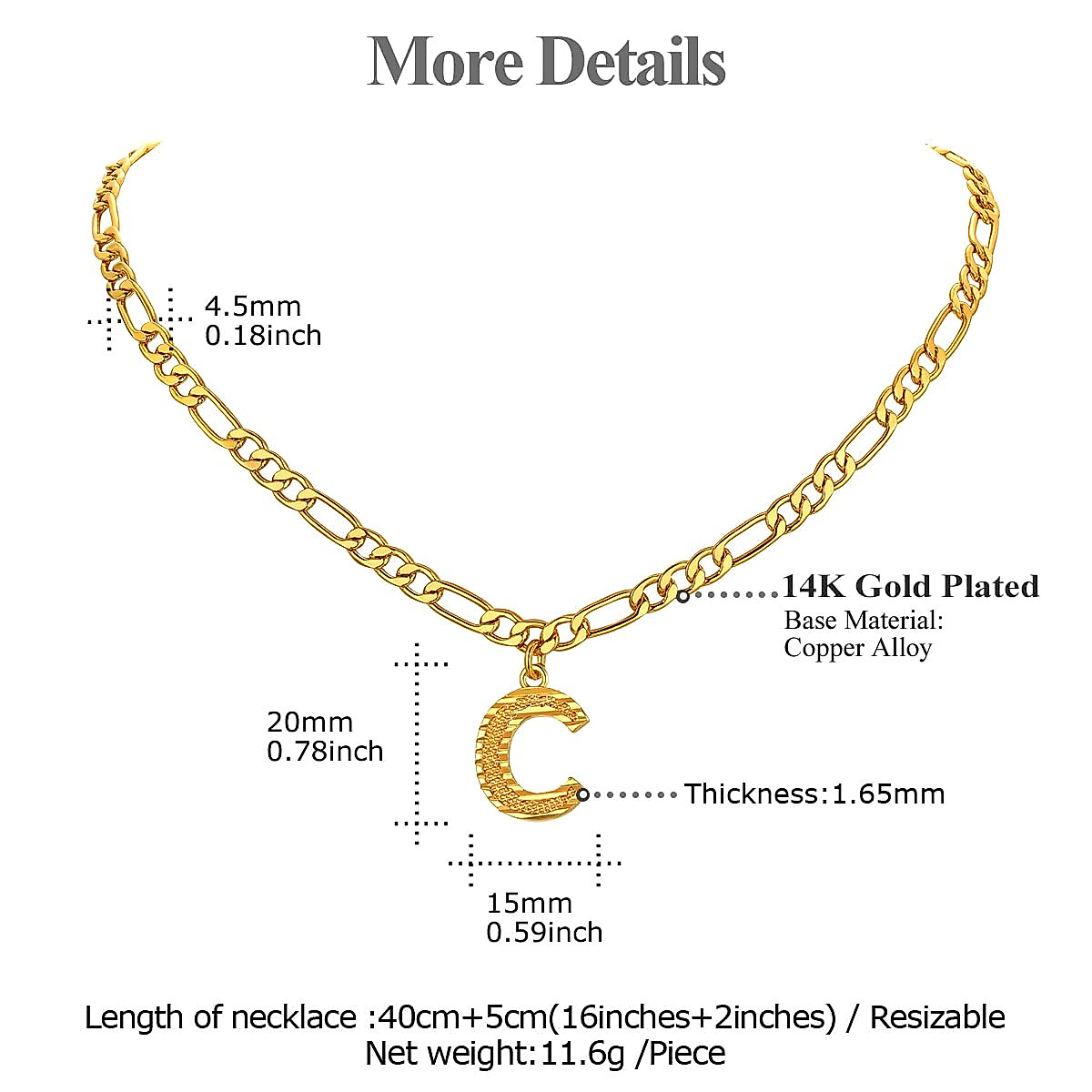 FOCALOOK Initial Necklace for Women Men Teens Letter C Pendant 14K Gold Plated Necklaces 18 Inch Figaro Chain (C)