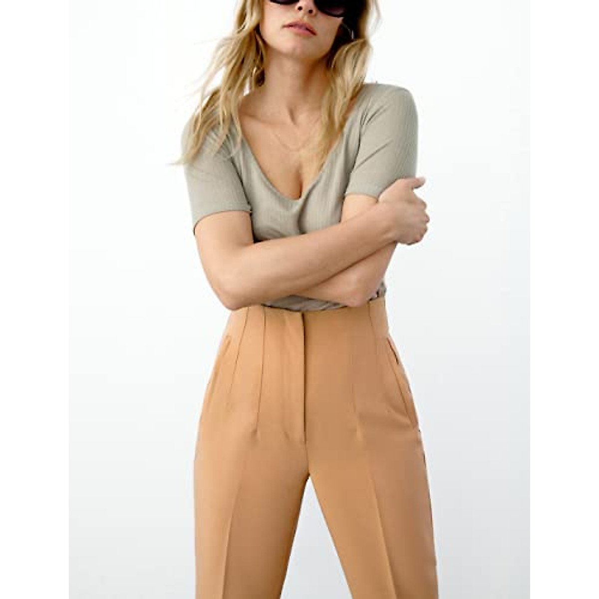 Ugerlov Women's High Waisted Dress Pants Work Business Casual Slacks Tapered Ankle Pants with Pockets, Orange Yellow Large