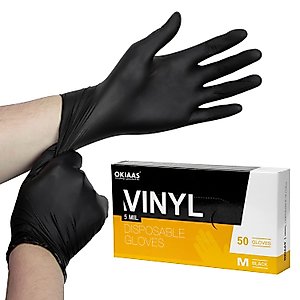 OKIAAS Black Disposable Gloves Small, Vinyl Gloves Disposable Latex Free, 5 mil, 50 Count, for Food Prep, Household Cleaning, Hair Dye, Tattoo