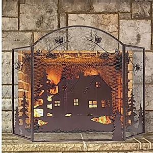 BestGiftEver 3-Panel Fireplace Screen Decorative with House Cabin Lodge Pine Cone Design - Stand Alone Fireplace Cover Metal Mesh Screen - Home Decorative Firescreen forRustic Western Country Style