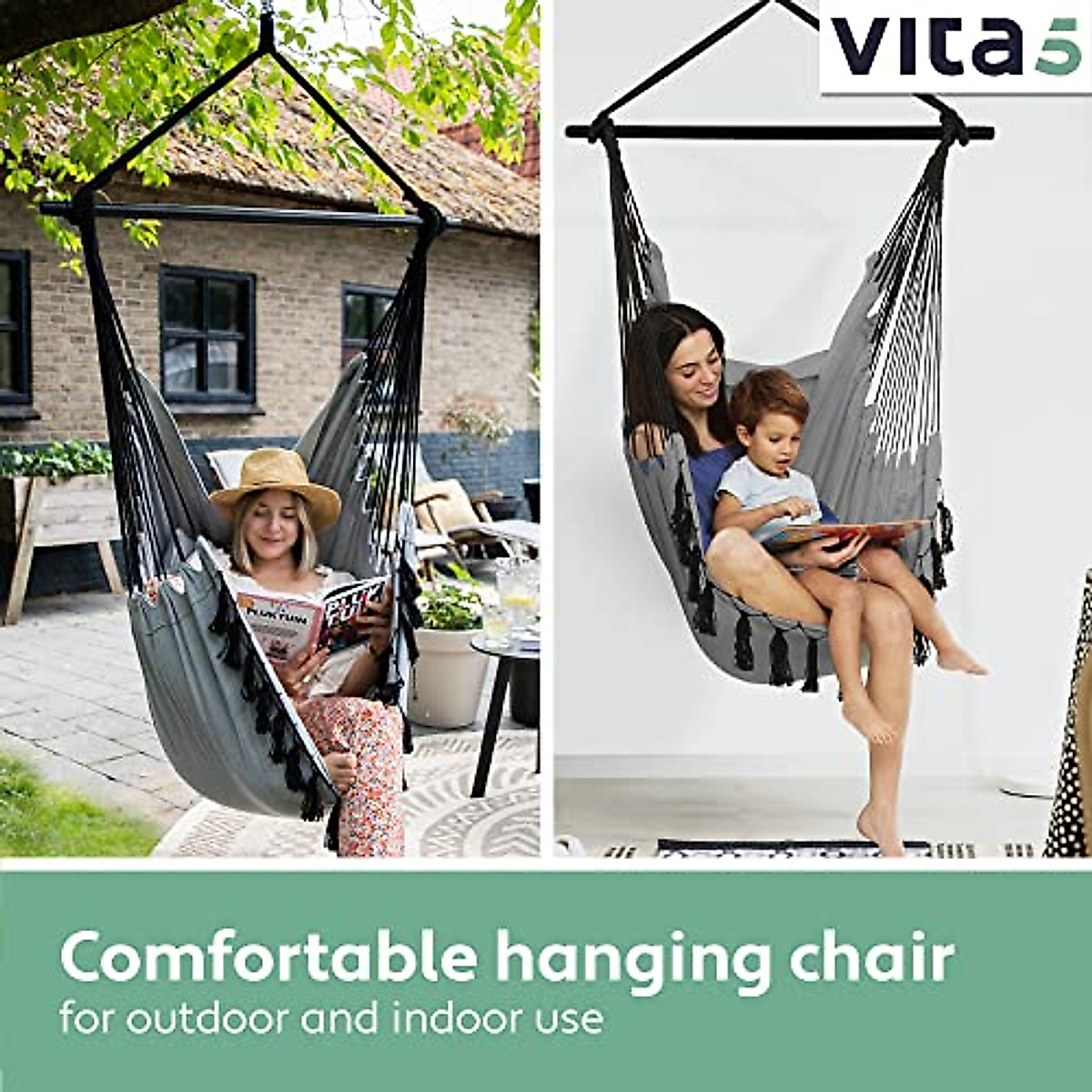 VITA5 Hanging Chair Outdoor & Indoor- Sturdy & Safe Hammock Chair - Stylish Boho Hanging Chair for Bedroom Decor - Easy to Assemble Hammock Swing - Comfy Padded Hanging Swing - Swinging Chair