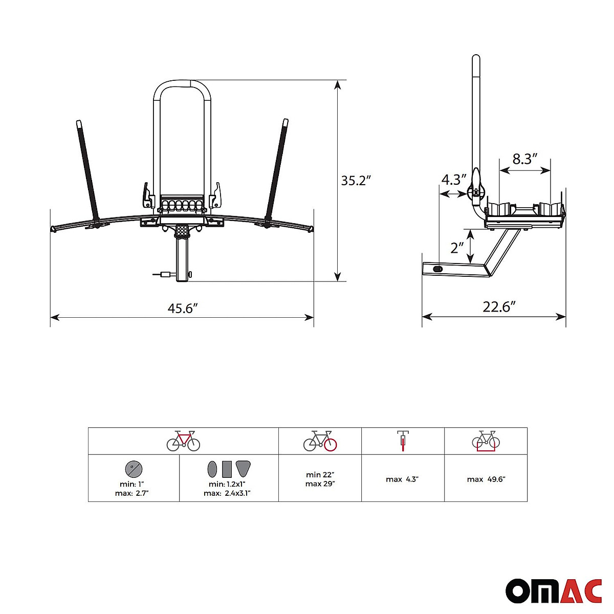 OMAC Auto Accessories Foldable Bike Rack Hitch Mounted | 2 Bicycle Carrier Racks Adjustable Hitches Suitable for Electric Bikes and Fat Bikes