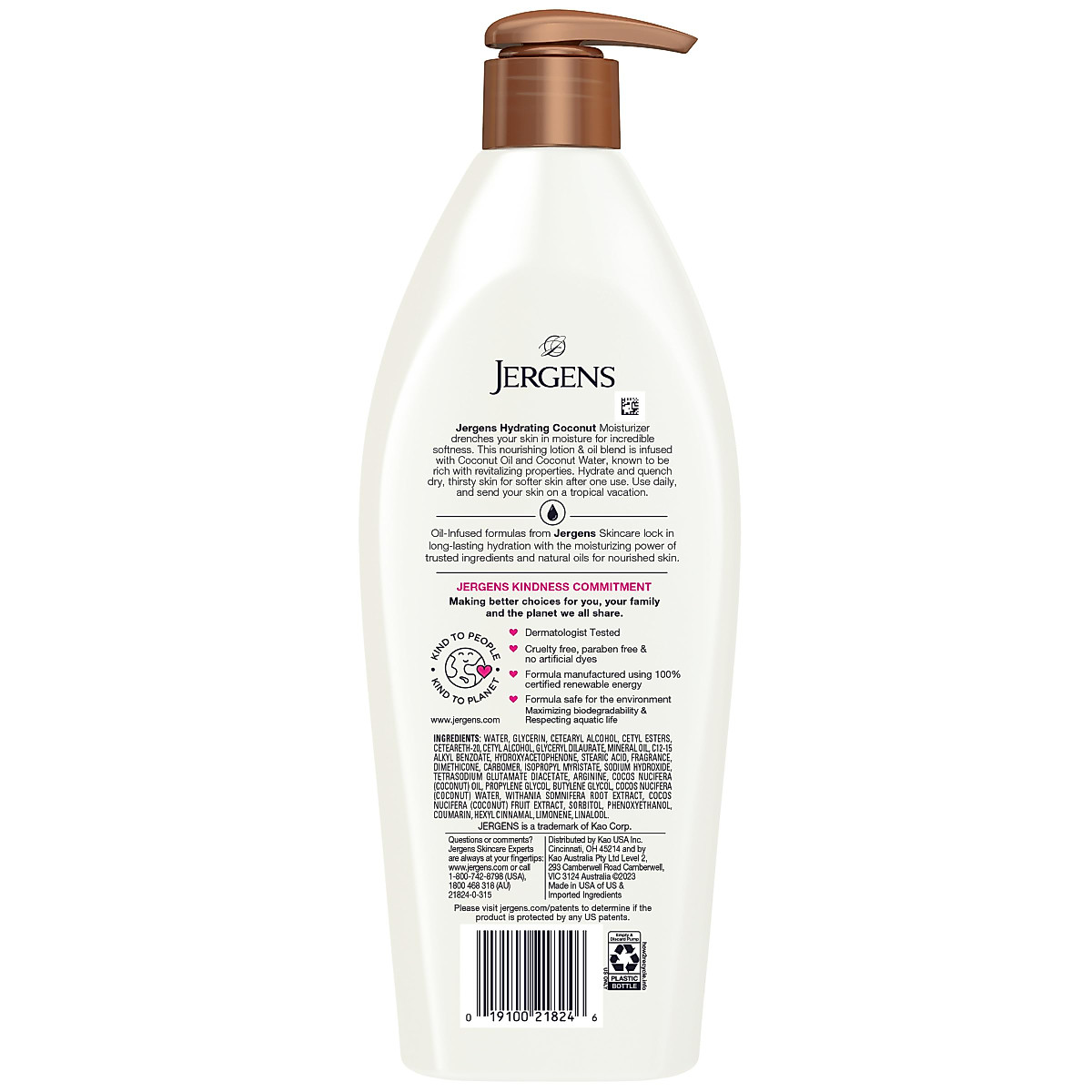 Jergens Hydrating Coconut Body Lotion, Hand and Body Moisturizer Hydrates Dry Skin Instantly, Infused with Coconut Oil, Dermatologist Tested, 16.8 oz