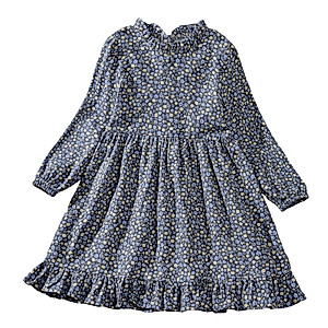 VINUOKER Toddler Girls Cotton Dress Long Sleeve Floral Dress for Little Girls Midi Dress 2-8years Fall Winter Dress A-blue