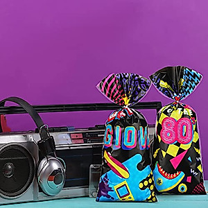 Hotop 100 Pcs 1980s Party Cellophane Bags 80s Gift Treat Bag Goodie Candy with 150 Ties Back to the I Love Retro Themed for Hip Hop Throwback Birthday Decorations Supplies