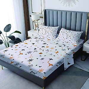 Halloween Sheets Full Size, Pumpkin Bat Spider Web Bed Sheets, Patterned Bedding Sheets & Pillowcases 4 Piece Set - Soft Microfiber Deep Pocket Fitted Sheet & Flat Sheet & 2 Pillow Cases L8-&-104