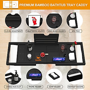 Premium Bathtub Tray Caddy - Expandable Bath Caddy Tray - Adjustable Bamboo Bath Caddy Tub Table - Unique House Warming Gifts New Home - Black