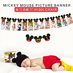 Mickey Mouse First Birthday Banners - NB to 12 Month Photo Banner with I am One High Chair Banner - First Birthday Decorations - Mickey Mouse Party Supplies - Picture Frame Banners - Clubhouse Decoration for 1st or 12th Birthday