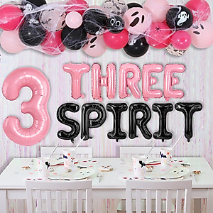 Halloween 3rd Birthday Party Decorations - Three Spirit Black Hot Pink Balloon Garland Kit with Spider Cotton, Number 3 Ghost Bat Foil Balloon Spider 3D Sticker for 3rd Birthday Halloween Decorations