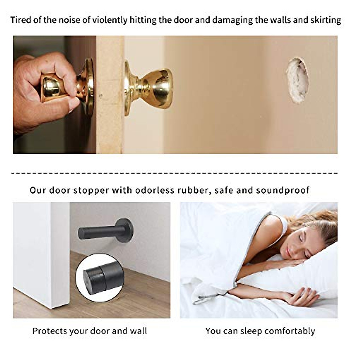 DOKU 3.5 Inch Door Stop, 3Pcs Heavy Duty 304 Stainless Steel Door Stopper with Rubber Tips Bumper, Wall Mounted Door Holder Protection Sound Dampening, Matte Black