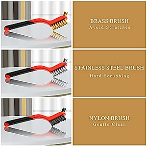 Wire Brush Set, 3 Pcs Stainless Steel/Brass/Nylon Wire Brushes for Cleaning with Curved Handle Grip for Rust Removal, Dirt, Paint Scrubbing(Red)