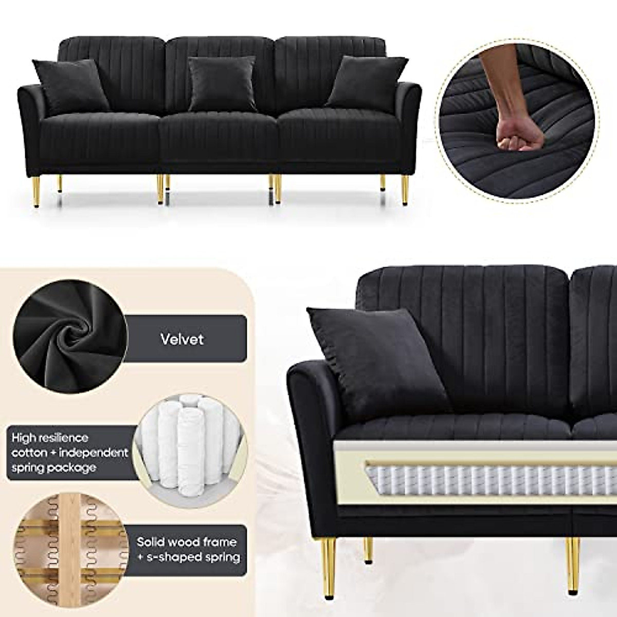 GEEVIVO 3 Seater Sofa for Living Room, Modern Velvet Upholstered Sofa Couches with Removable Tufted Back and Pillows Sofa with Metal Legs, Decor Furniture for Bedroom, Office, Apartment (Black)