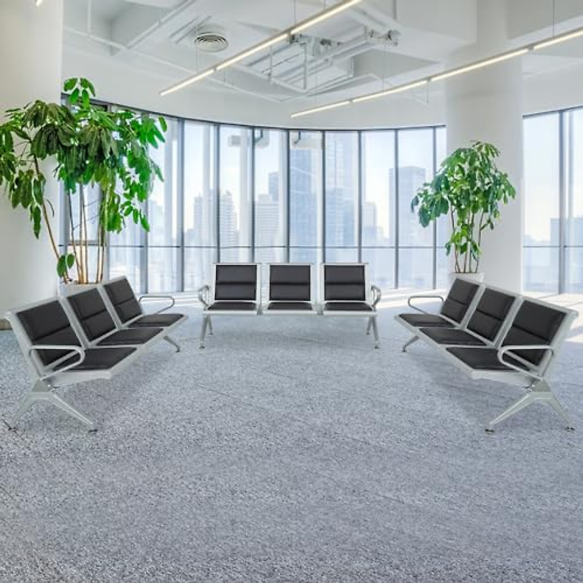 JSUN7 3 Seat Airport Reception Chair, Waiting Room Chairs with Arm, Black Leather Waiting Room Benches, Office Guest Chairs for Lobby Airport Salon Barber Shop Bank and Market, Set of 3