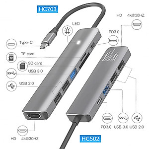 USB C Hub Multiport Adapter, USB 3.0 Aluminum Alloy Dongle USB-C Hub with 4K HD Output, USB 3.0/2.0 Ports,SD/TF Card Reader,100W PD Dock (for HC703)