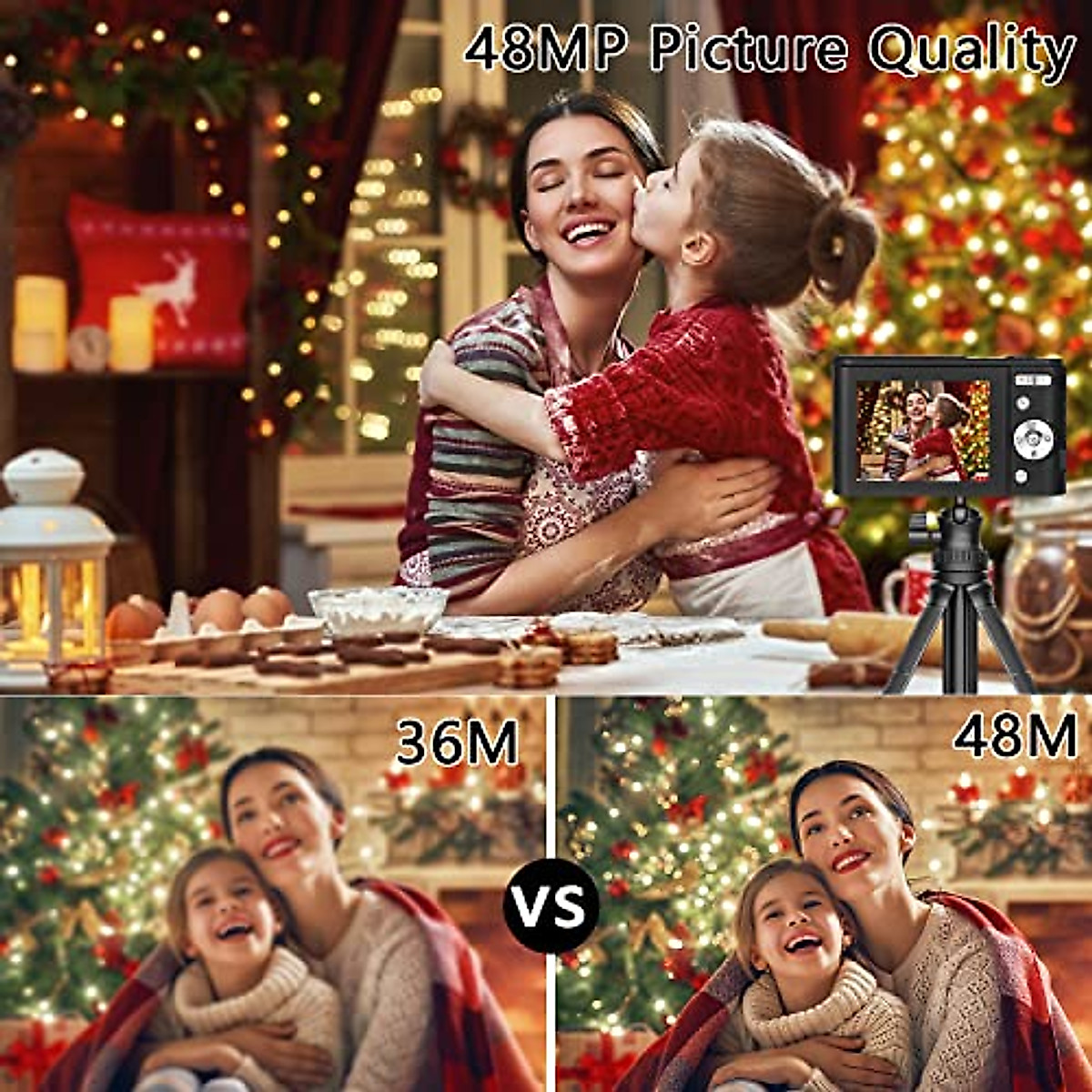 Digital Camera, FHD 48.0 MP Vlogging Camera Mini Camera Kids Camera Video Camera Pocket Camera with 32GB TF Card Autofocus 16X Digital Zoom, Compact Portable Camera for Kids Students Teenager-Black