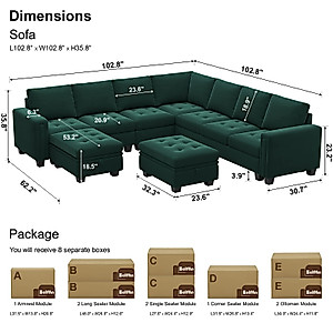 Belffin Oversized Velvet Modular 8-Seat Sectional Sofa Set with Storage Ottoman U Shaped Couch Set Modular Sectional Convertible Sofa Couch with Reversible Chaise Corner Sofa Couch Set Green