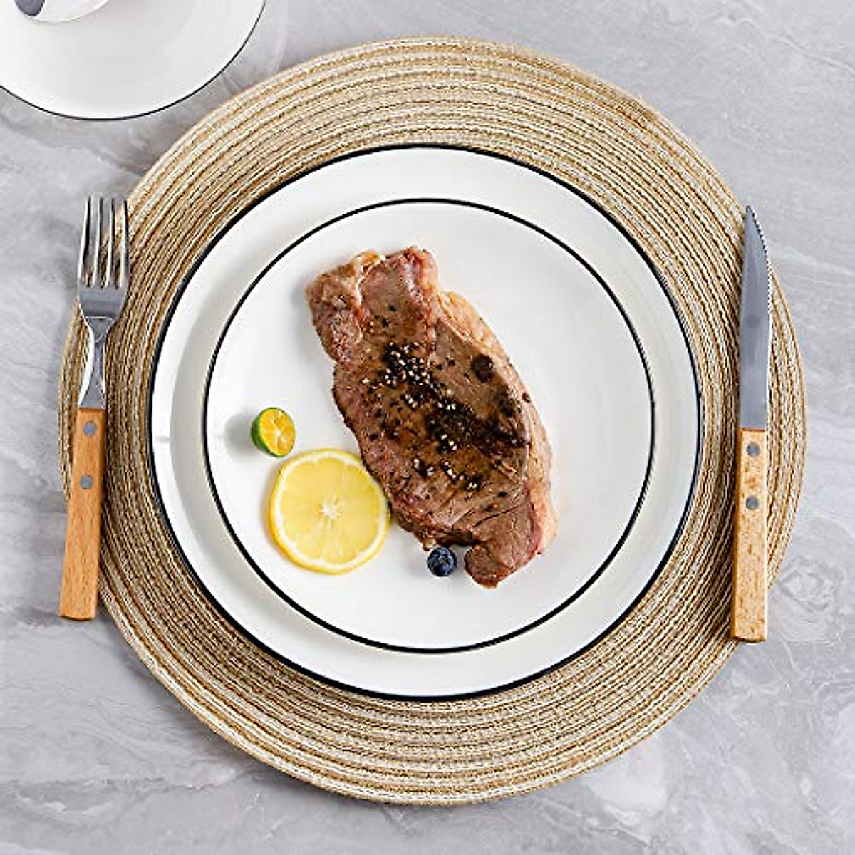 YOLIFE 10 inch Dinner Plate, Set of 4 White and Black Trim Porcelain Plates