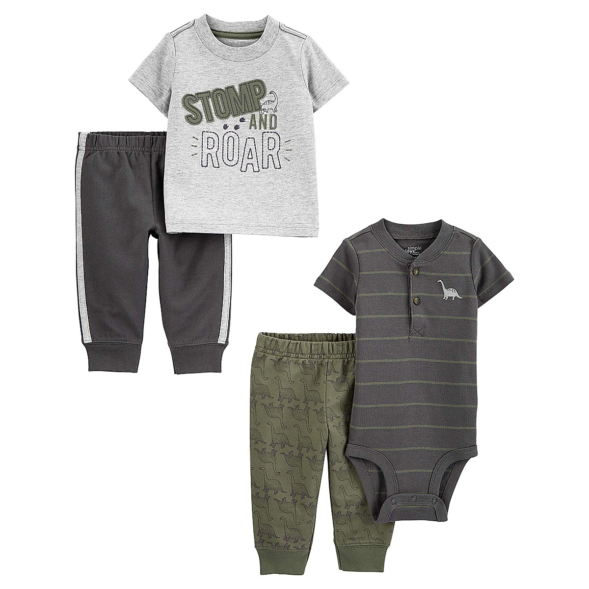 Simple Joys by Carter's Baby Boys' 4-Piece Bodysuit, Top, and Pant Set, Dinosaur, 18 Months