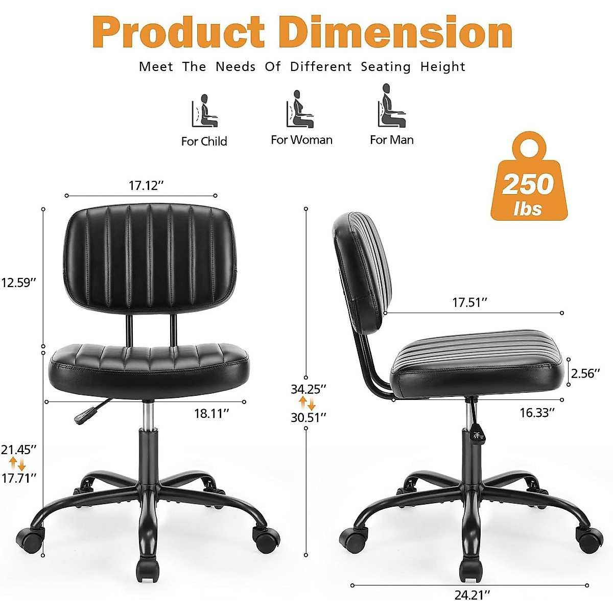 Sweetcrispy Small Office Desk Chair - Armless PU Leather with Comfy Lumbar Support, Height Adjustable Rolling Swivel Task for No Arms, for Adult, Student, Bedroom, Home, Vanity