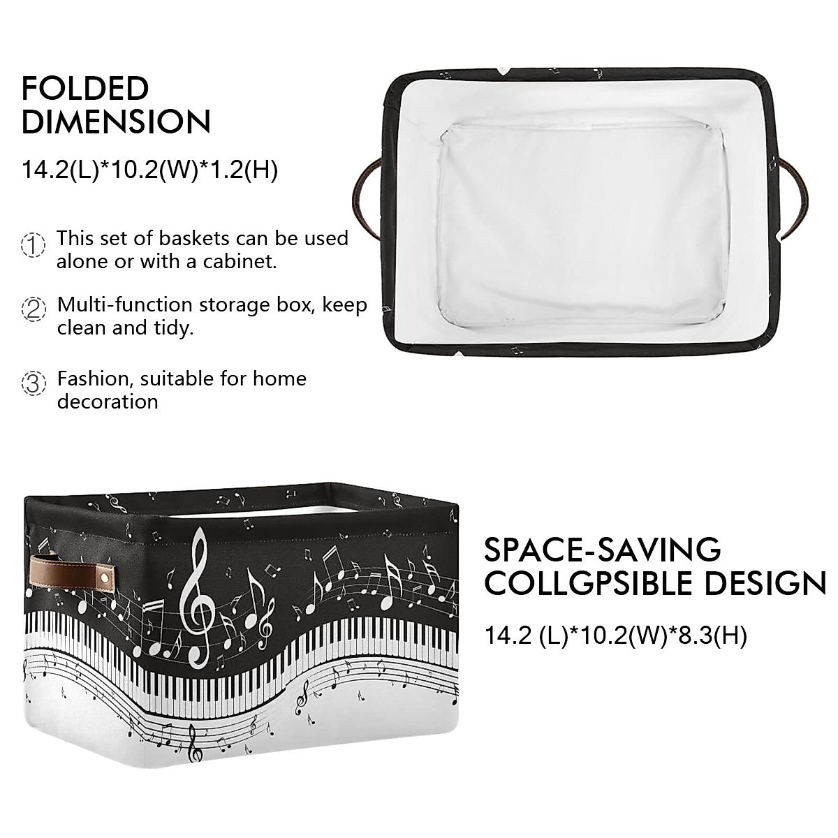 ALAZA Piano Key Music Black Large Storage Basket with Handles Foldable Decorative 1 Pack Storage Bin Box for Organizing Living Room Shelves Office Closet Clothes