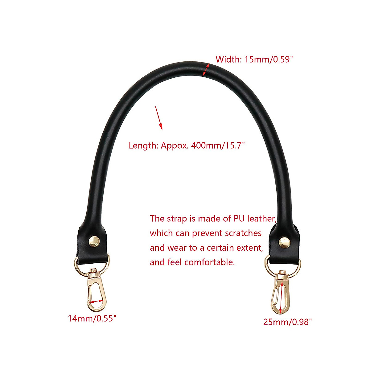 Semetall Black Purse Straps Replacement 2 Pack 40cm/15.7" Total Length PU Leather Handbag Handles Black Leather Purse Handles with Metal Button