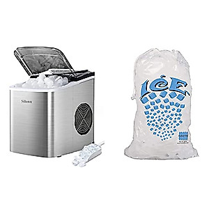 Silonn Ice Makers Countertop 9 Bullet Ice Cubes Ready in 6 Minutes & Perfectware - PW Icebags-DS-100ct 10lb Ice Bags with Drawstring-100ct