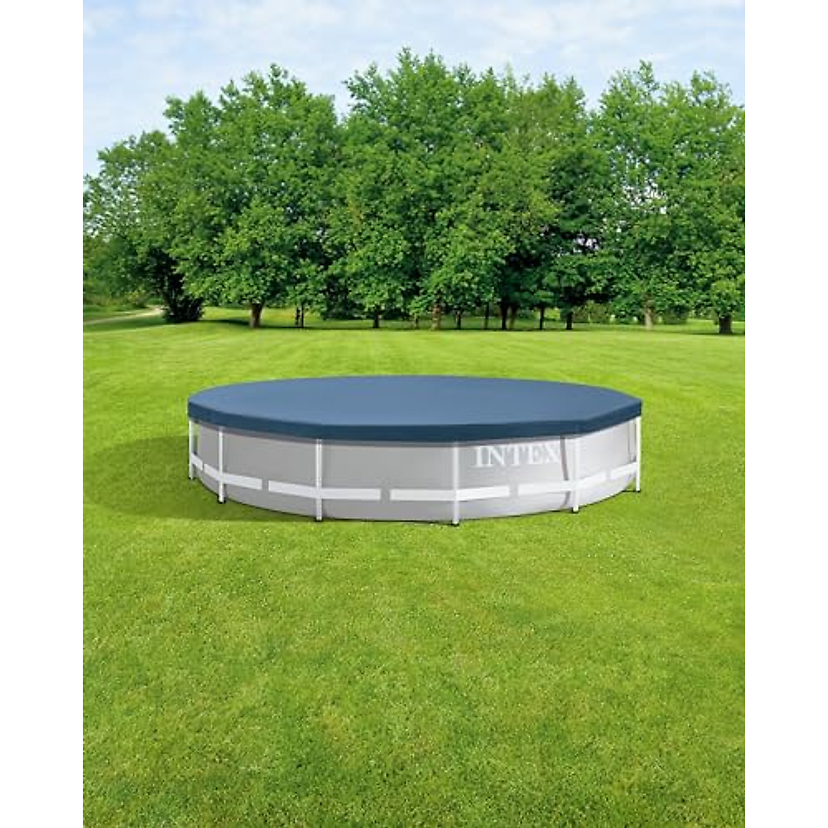INTEX 28031E Pool Cover: For 12ft Round Metal Frame Pools – Includes Rope Tie – Drain Holes – 10in Overhang – Snug Fit