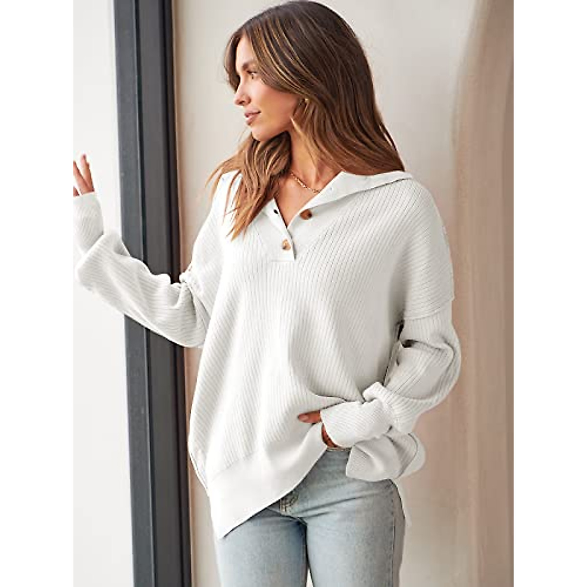 ANRABESS Women's 2023 Fall Sweater Lapel Collar V Neck Button Long Sleeve Drop Shoulder Oversized Ribbed Knit Comfy Loose Casual Slouchy Pullover Shirt Jumper Top with Slit757mibai-M White