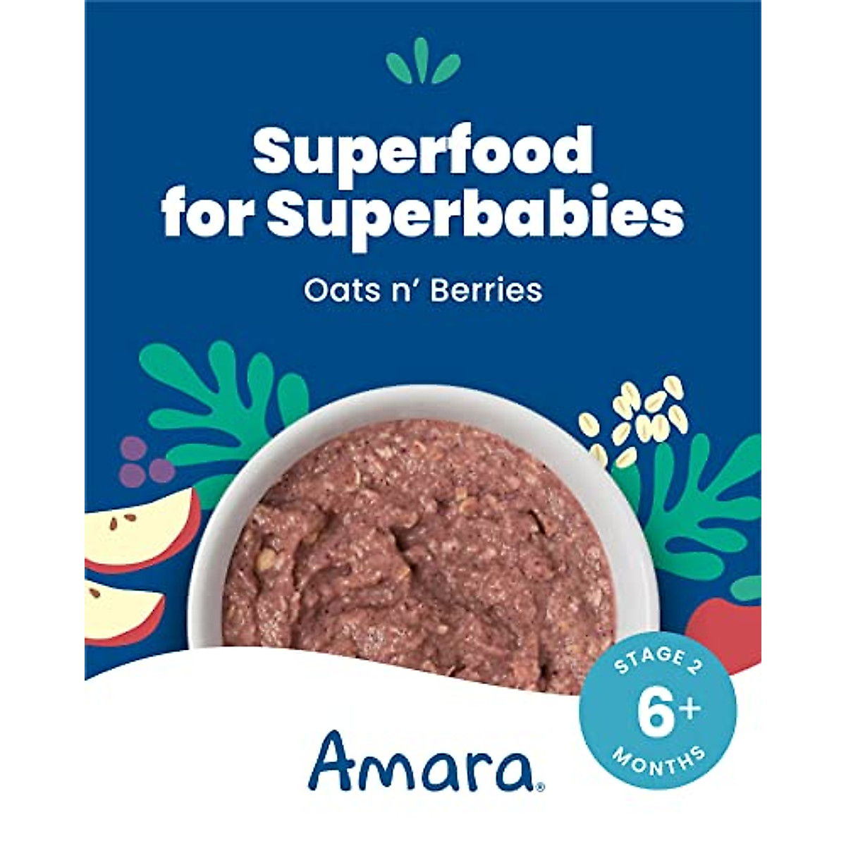 Amara Organic Baby Food - Stage 2 - Oats & Berries - Baby Cereal to Mix With Breastmilk, Water or Baby Formula - Shelf Stable Baby Food Pouches Made from Organic Fruit and Veggies - 10 Pouches, 3.5oz Per Serving