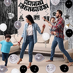 Black and White Birthday Party Decorations for Men Women, Black Silver Happy Birthday Balloons Arch for Boys Girls with Bday Tablecloth Fringe Curtains Hanging Swirls Suitable for All Age and Occasion
