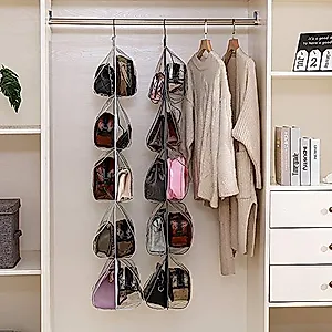 Szxc Closet Hanging Organizer for Small to Medium Handbag Purse - 50 x 14 inch, Dual-Sided 10 Clear See-Through Pockets, Wardrobe Storage Organizer for Shoes Boot Towel Clothes Scarf