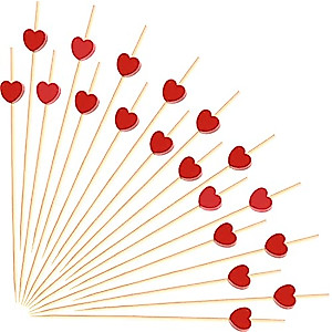 100pcs Red Heart Cocktail Picks 4.7" Long Fruit Sticks Food Toothpicks Sandwich Appetizer Charcuterie Skewers, Handmade of Bamboo Wood, for Birthday, Wedding, Valentines Day Decoration Party Supplies