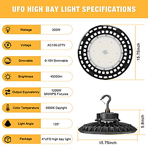 JC-LGL UFO LED High Bay Light 300W 4Pack,High Lights 45,000LM(1250W MH/HPS Eqv.) Dimmable 6' Cable with Plug,Hanging Hook,Safe Rope,ETL Listed for Warehouse Factory Barn Shop,Black