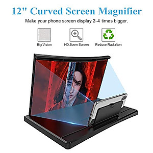12" Curve Screen Magnifier –3D HD Mobile Phone Magnifier Projector Screen for Movies, Videos, and Gaming–Foldable Phone Stand with Screen Amplifier–Supports All Smartphones (Black)