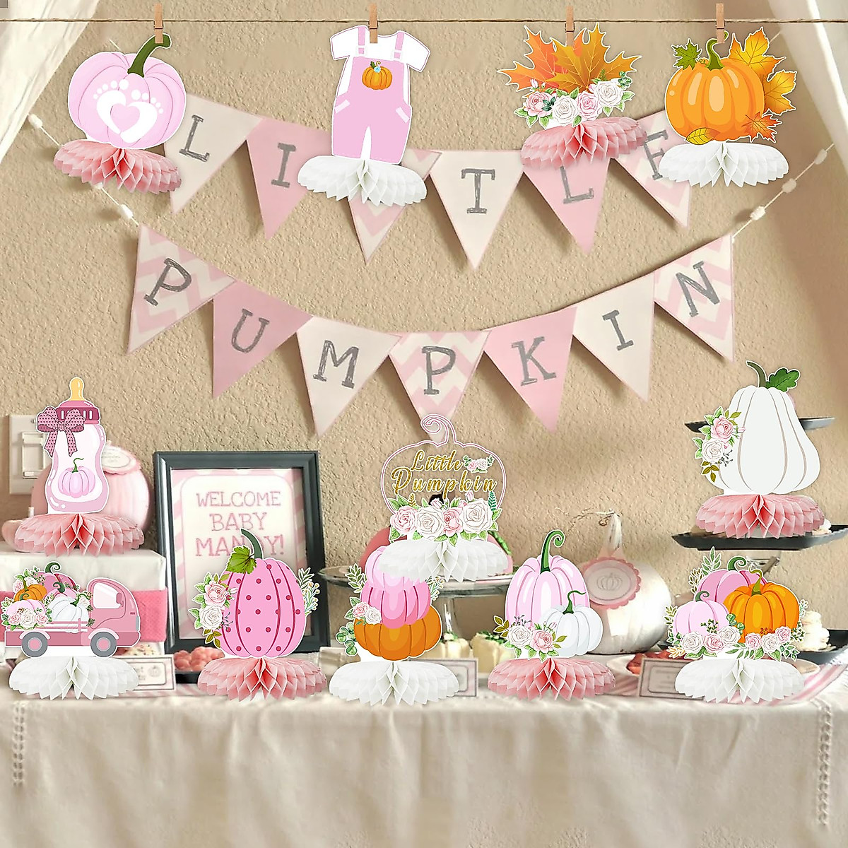 12PCS Little Pumpkin Baby Shower Decorations Honeycomb Centerpiece Fall Party Table Decor for Girls Pink Table Toppers Honeycomb 3D Table Decoration for Baby Shower Birthday Party Supplies