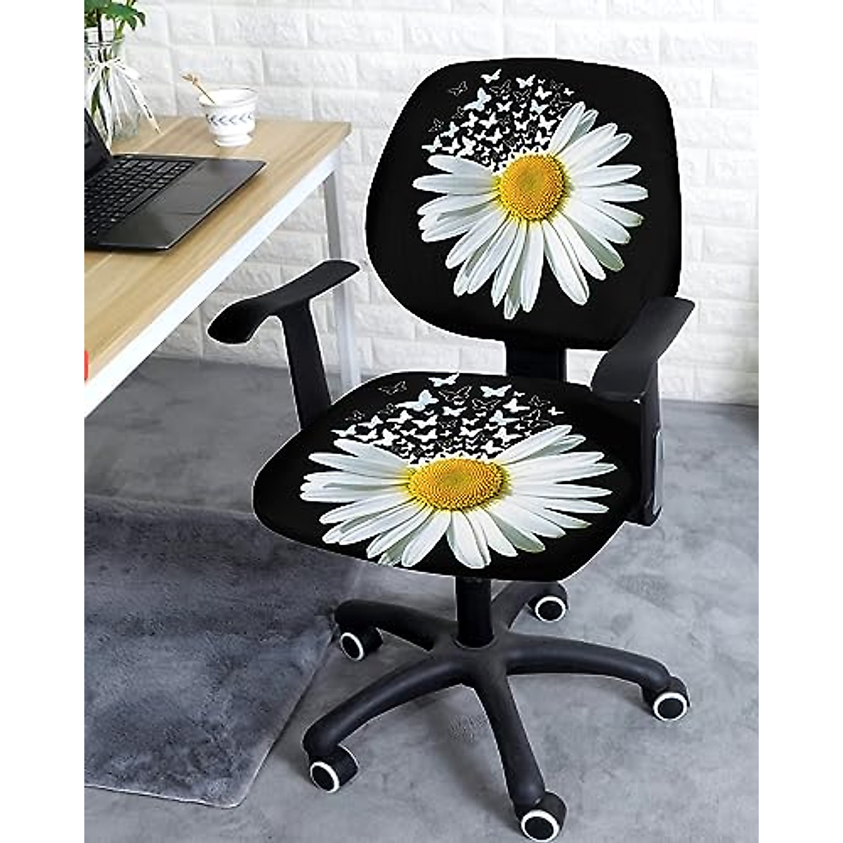 Big buy store Office Chair Cover Daisy Flower Desk Chair Cover, Protective Stretchable Universal Computer Chair Covers, Butterfly White Blooms Decorative Stretch Rotating Gaming Chair Slipcovers