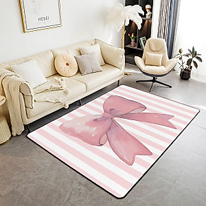 Pink Bowknot Girly Living Room Rugs Area Rug 3'x5',Dreamy Princess Style Watercolor Bow Rug for Warm Indoor Floor Mat,Pink Stripes Geometric Non-Slip Decorative Rug