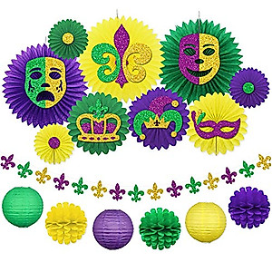 Mardi Gras Paper Fan Decoration Kit Fleur De Lis Flower Garland Green Gold Purple Glittery Cutouts Paper Honeycomb Balls Lanterns Backdrop for Mardi Gras Theme Birthday Masquerade Party Supplies New Orleans Carnival Favors