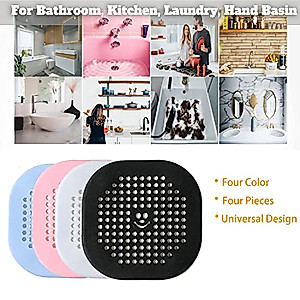 4 PCS Shower Drain Hair Catcher with Large Sucker - Upgrade Smile Face Design, Large Square Silicone Shower Drain Cover Suit for Bathtub, Bathroom, Sink, Tub, and Kitchen (Black&White&Pink&Blue)