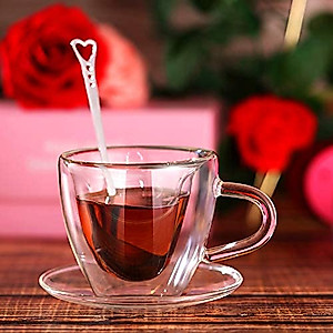 Heart Shaped Double Walled Glass Insulated Coffee Mug Clear Tea Cup 180 ml, 6 Oz Cappuccino Cup with Saucer and Heart Shaped Coffee Spoons for Valentine's Day Anniversary Party Supplies